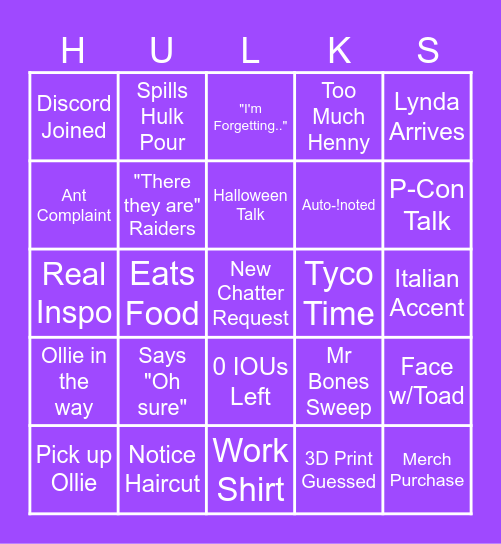 Hulk Shot Bingo Card