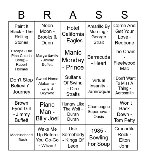 Brass Tap Music Bingo Card