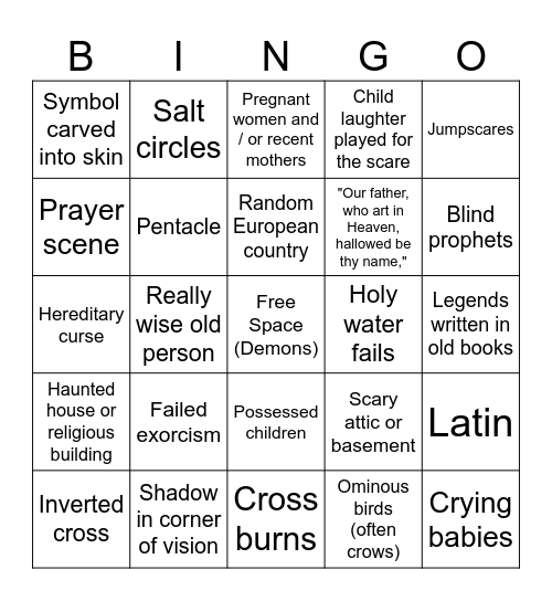 Religious Horror Trope Bingo Card