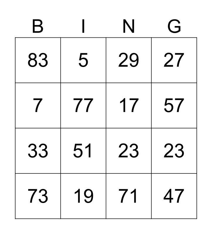 Prime number Bingo Card