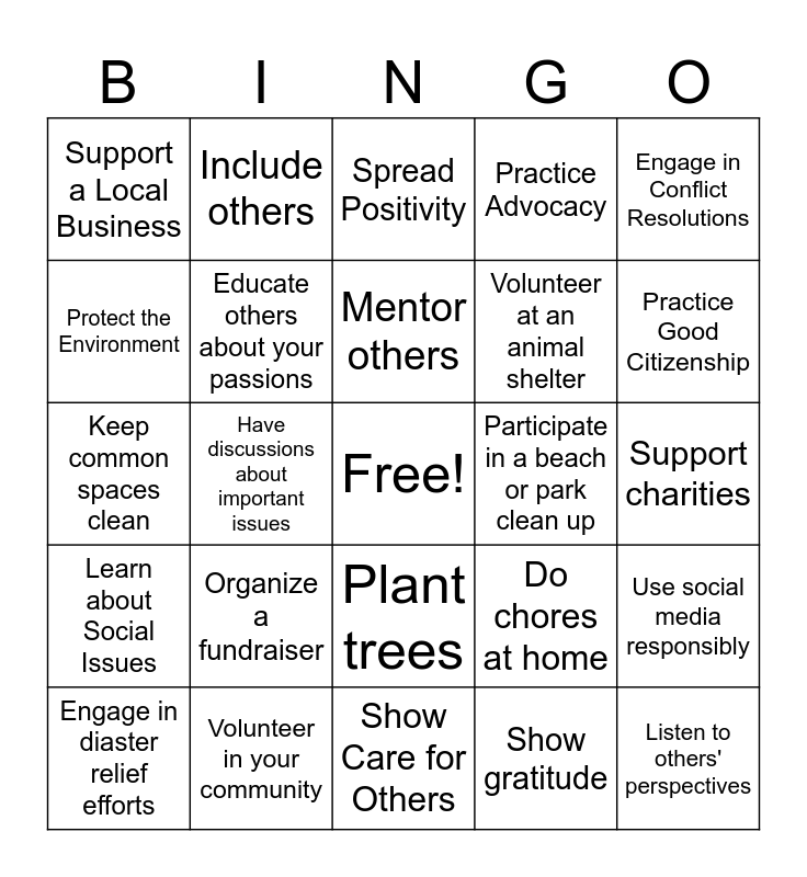 Social Responsibility Bingo Card