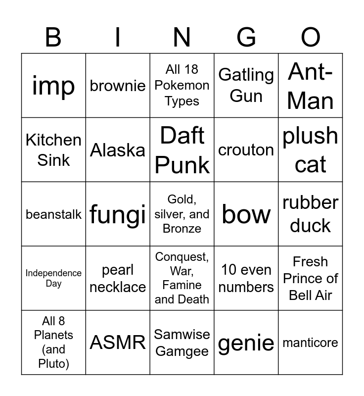 An InfiniteCraft Card Bingo Card