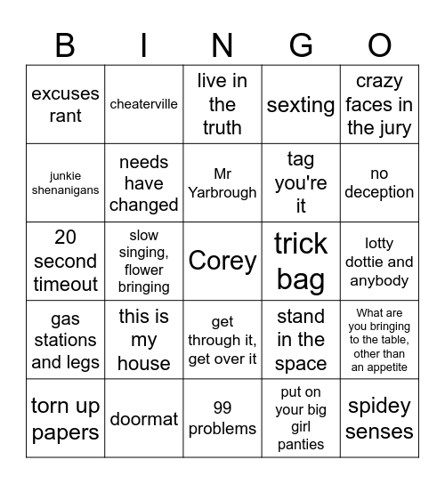 Divorce Court Bingo Card