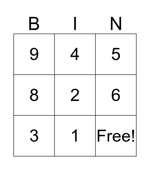 NUMBERS Bingo Card
