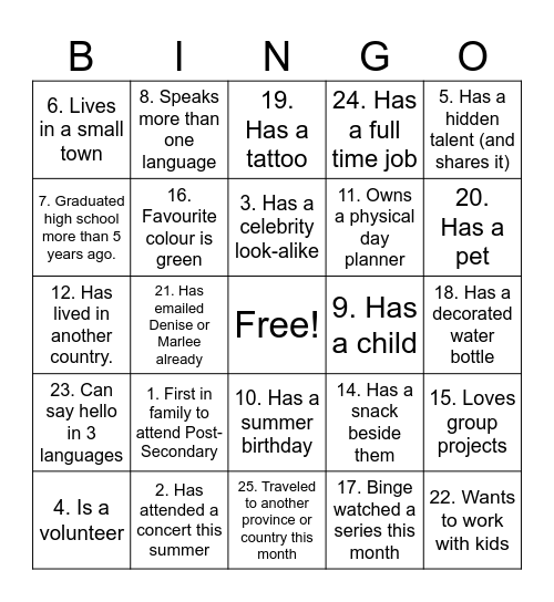 Community Studies Orientation Bongo Bingo Card
