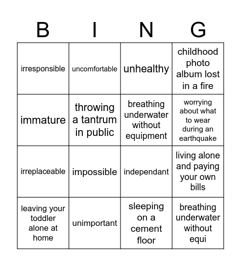 Negative prefixes Bingo Card
