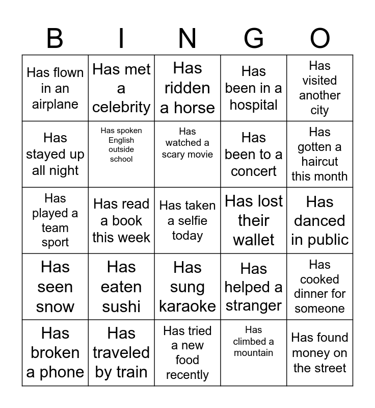 Present Perfect Bingo Card