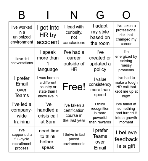 HR Team Culture BINGO Card