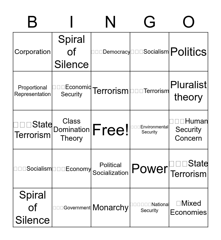 Chapter 16: Government & Economy Bingo Card
