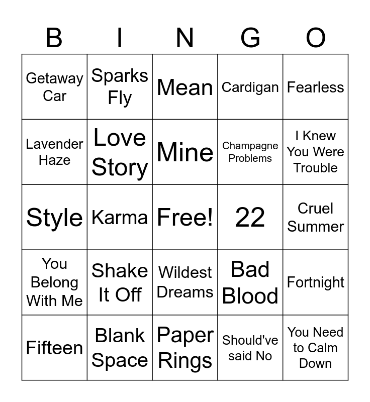 Taylor Swift Song Bingo Card