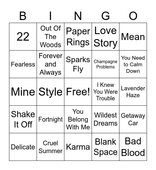 Taylor Swift Song Bingo Card