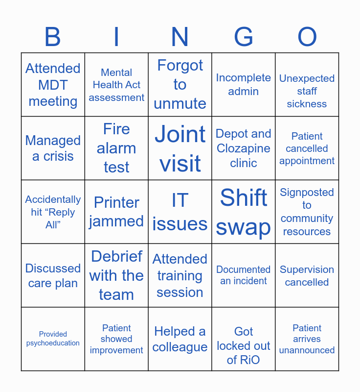 NHS Secondary Care Mental Health & Wellness Team Bingo Card