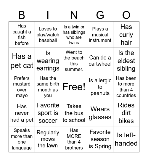 Middle School Human Bingo Card