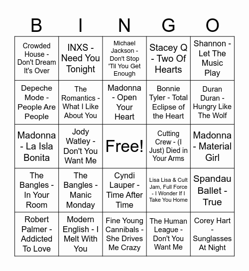 80's Bingo Card