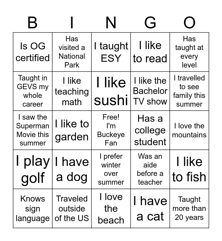 Welcome Back 25-26 Bingo Card