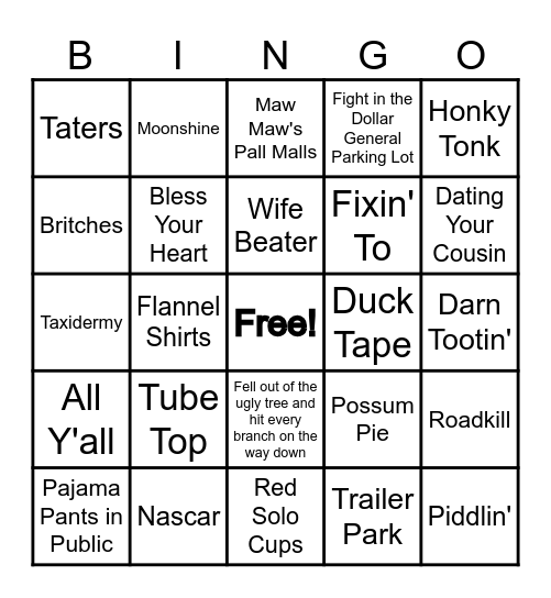 White Trash Bingo Bash Bingo Card