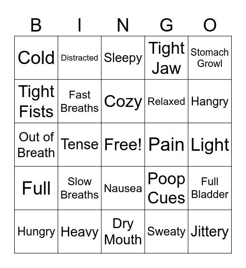 Inside Signals (Interoception) Bingo Card