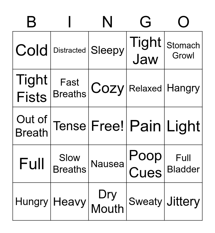 Inside Signals (Interoception) Bingo Card