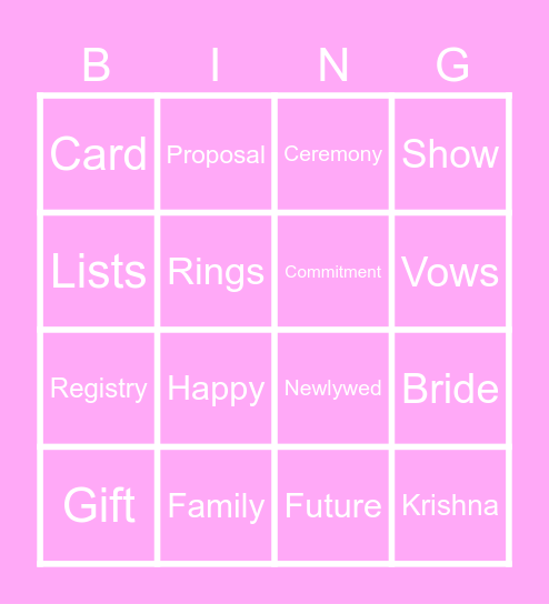 Reception Bingo Card
