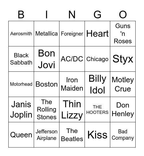Classic Rock Bingo Card