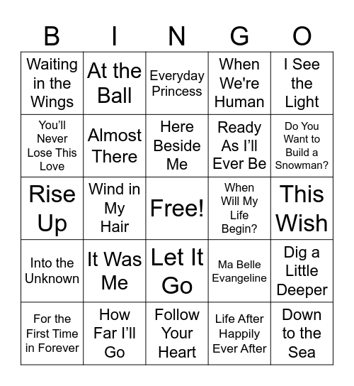 Princess Power Bingo Card