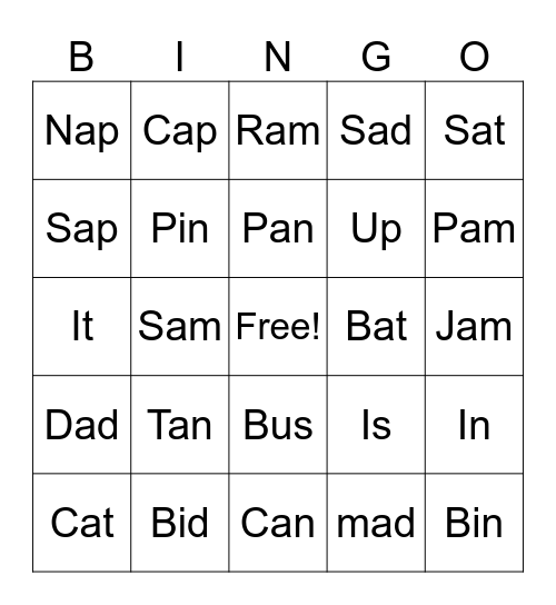 CVC Words Bingo Card