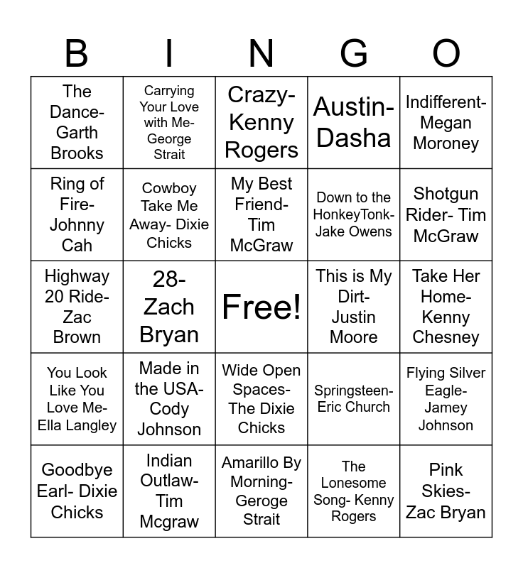 Country Bingo Card