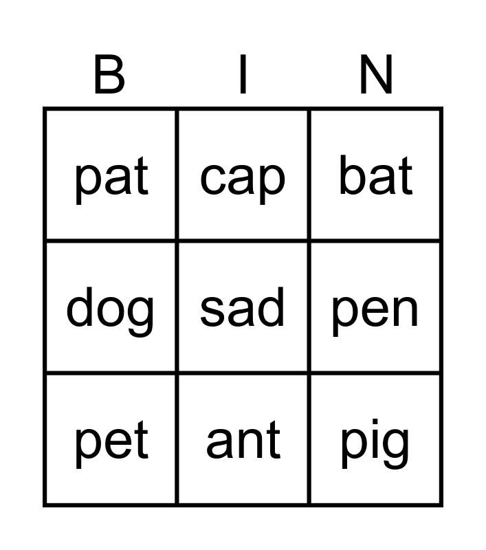 CVC words bingo Card