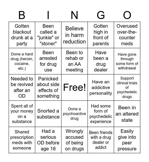 Drug Addiction Bingo Card