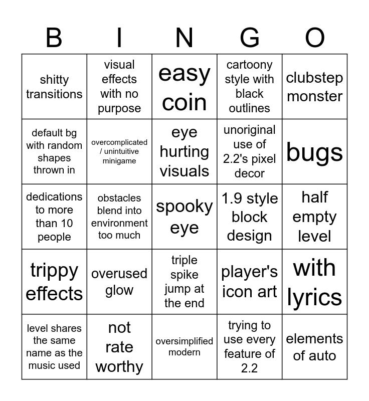 Geometry Dash Bingo Card