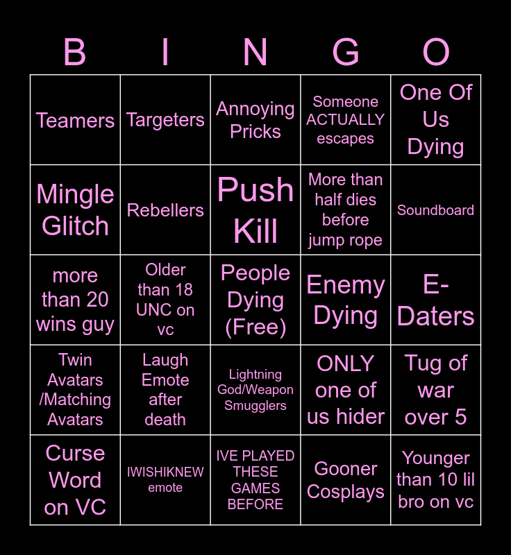 Ink Games Bingo Card