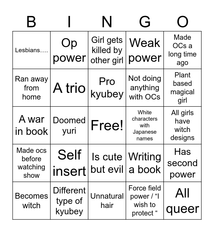 Madoka magica oc bingo Card