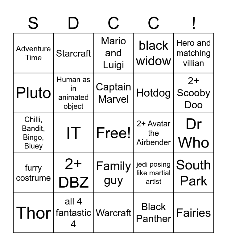Comic Con Bingo Card
