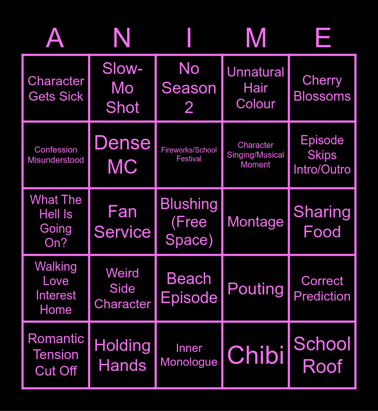 Romance Anime Bingo Card