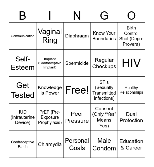Teenage Pregnancy Prevention Bingo Card