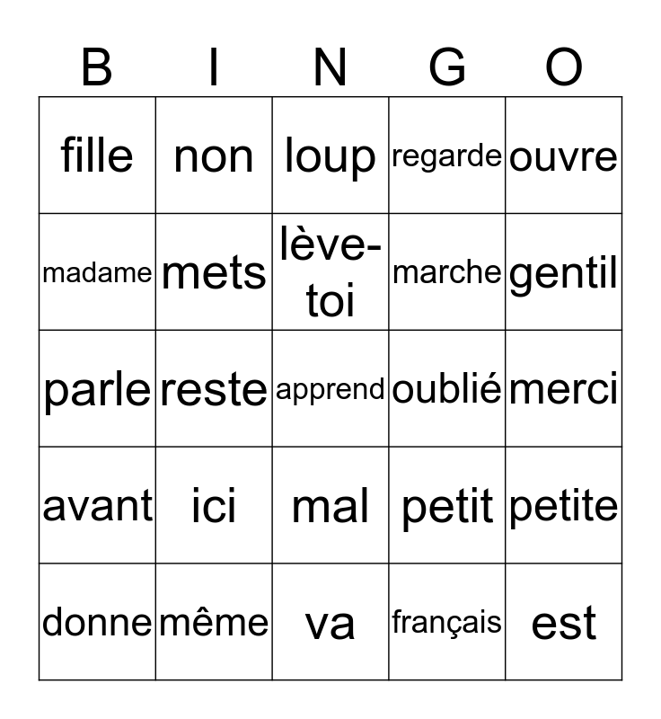 Les Contraires Bingo Card