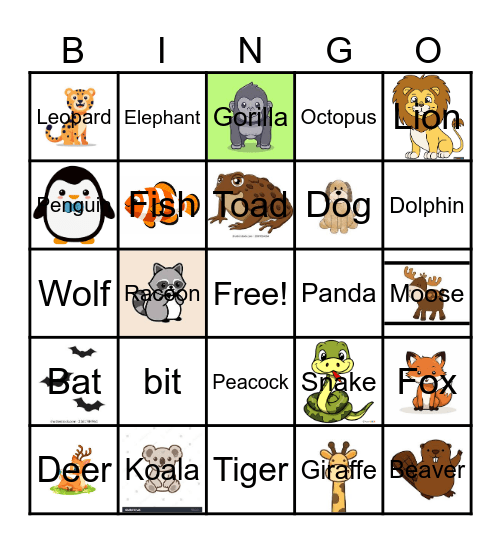 Animal Bingo Card