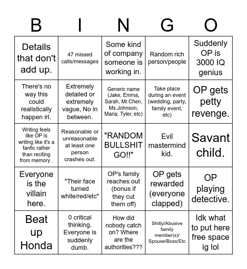 Reddit Story Bingo Card