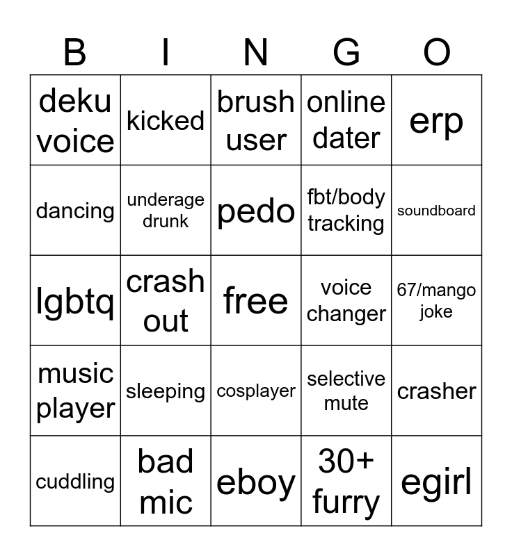 Vrchat bingo Card
