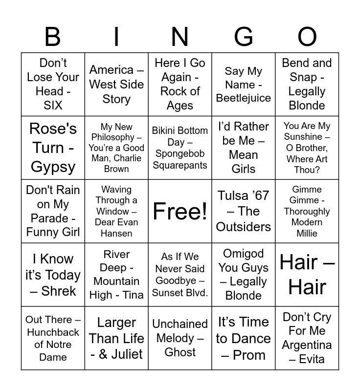 Broadway Bingo Card