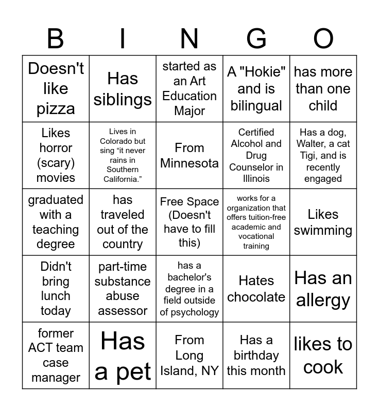 HUMAN BINGO:Find people who fit the descriptions. Write their names in ...