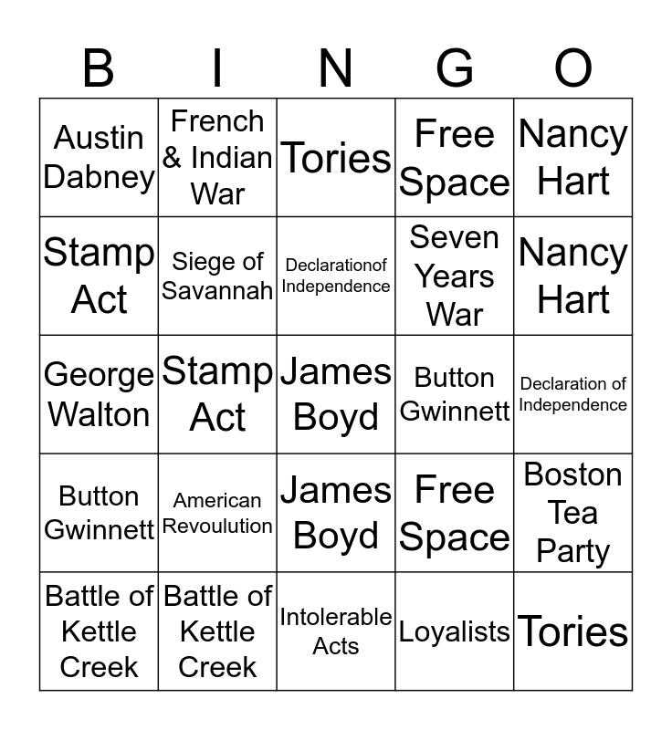 American Revolutionary War Bingo Card