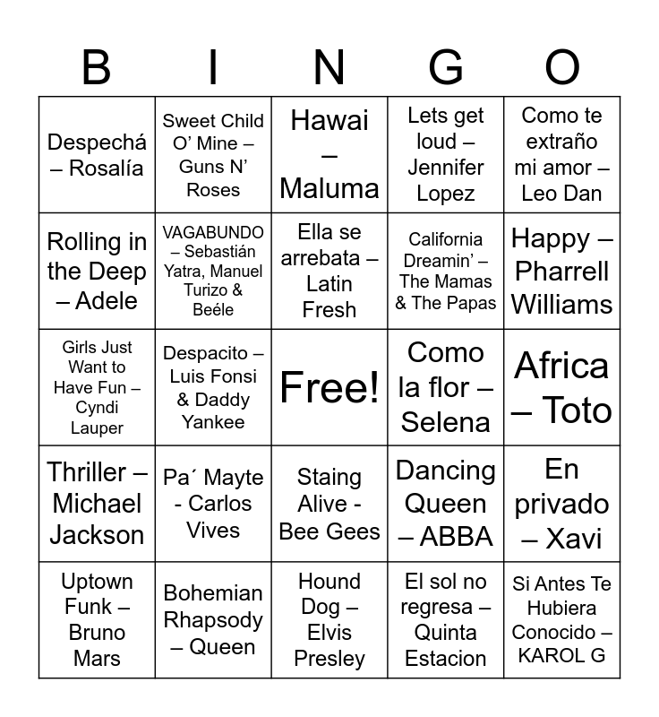 Bingo Musical Bingo Card