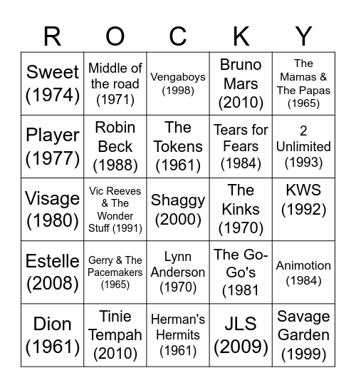 Rocky's Music Bingo Card