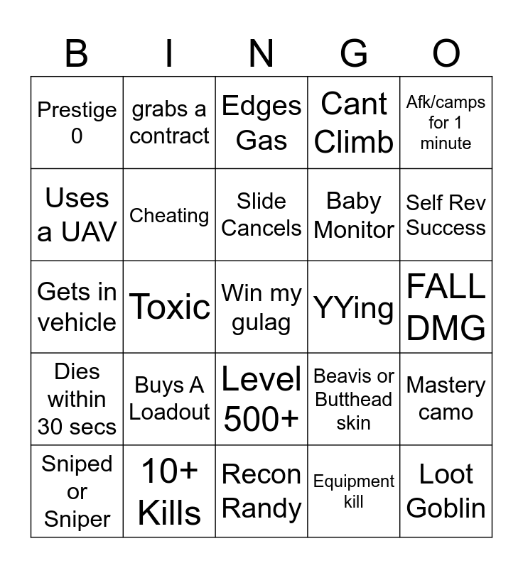 Warzone Bingo Card