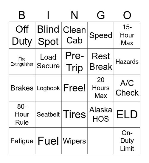 Motor Coach Driver Safety Bingo Card