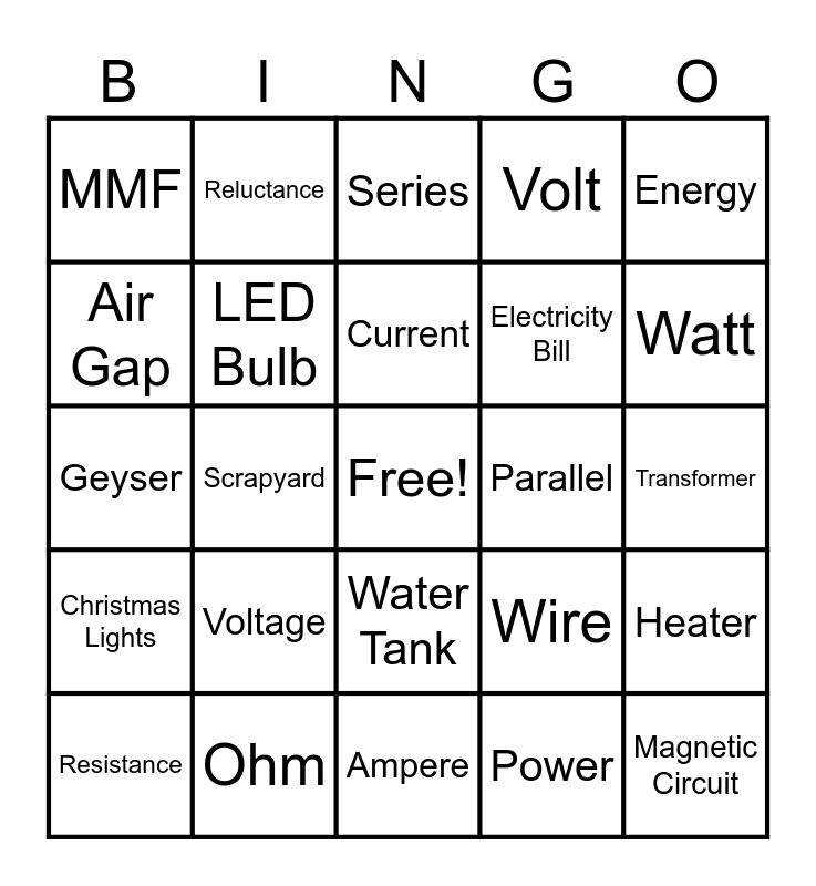Basic Electronics and Electrical Engineering Bingo Card