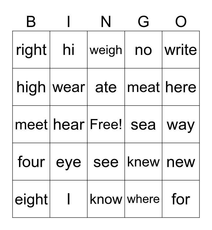 homophones Bingo Card
