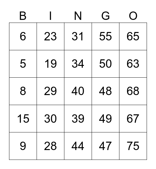 Ruby Number Bingo 1-75 [Round 1] Bingo Card