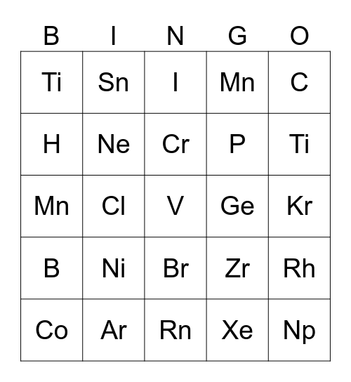 Periodic Table of Elements Bingo Card